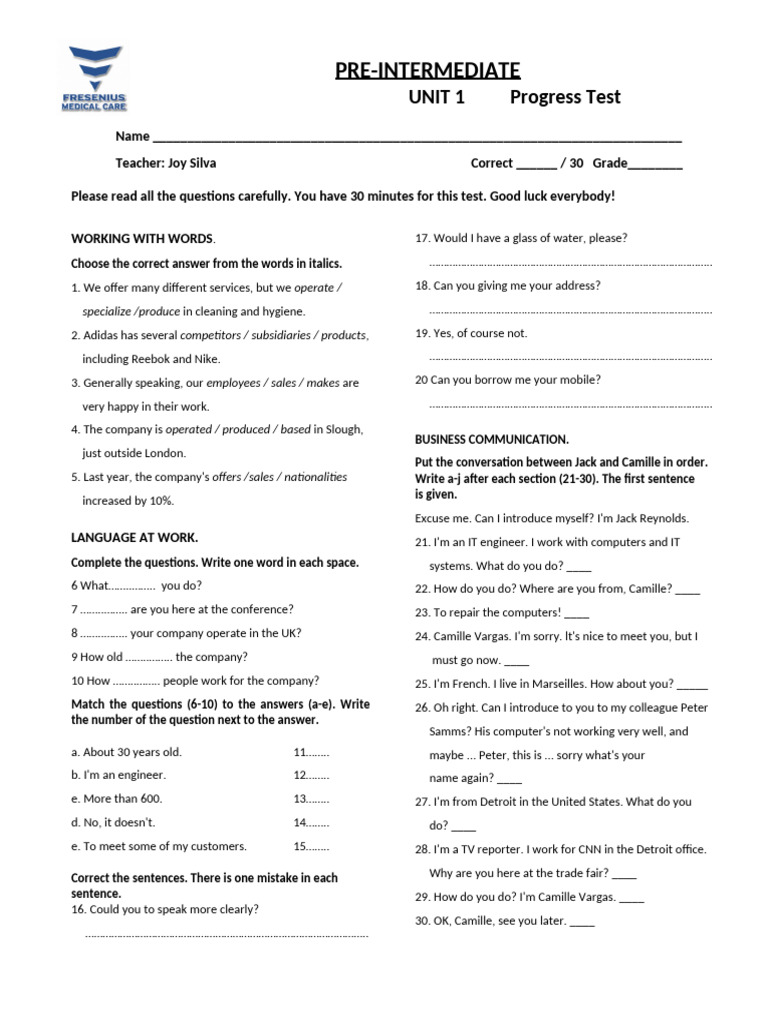 Pre-Intermediate Unit 1 | PDF