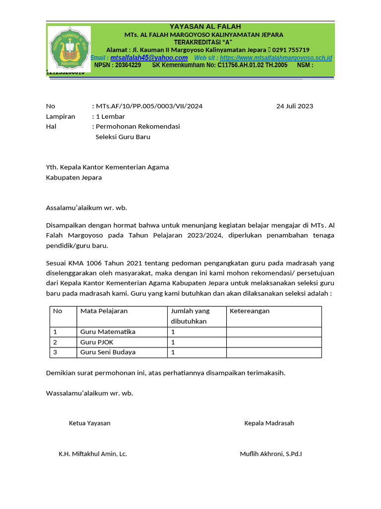 Form Permohonan Rekom Guru Baru | PDF