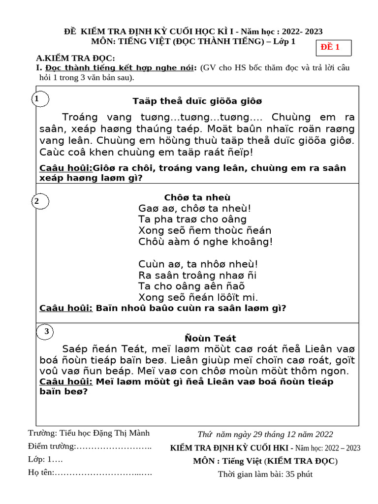 ĐỀ KT MÔN TV LỚP 1A1 CUOI HKI.22-23 | PDF