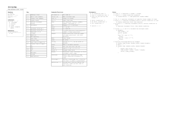 C++ Syntax: Heading: Key: Commands/Functions Statements: Notes | PDF