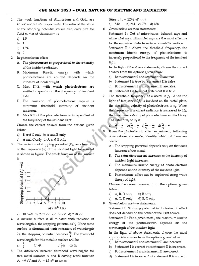 Dual Nature of Matter and Radiation JEE 2023 QP With Solutions - Watermark | PDF