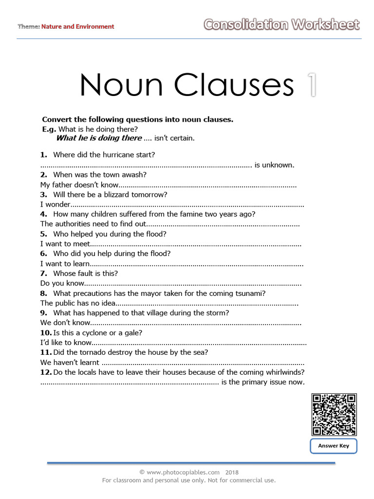 Noun Clauses Consolidation Worksheet 1 | PDF | Natural Disasters ...