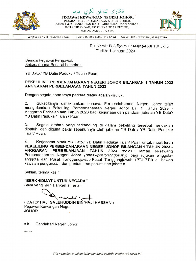 Pekeliling Perbendaharaan Negeri Johor Bil 1 Tahun 2023 | PDF