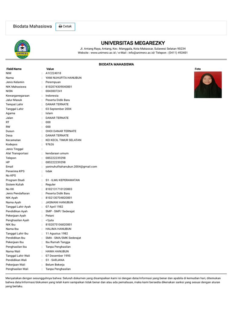 Biodata Mahasiswa Yani Hanubun | PDF