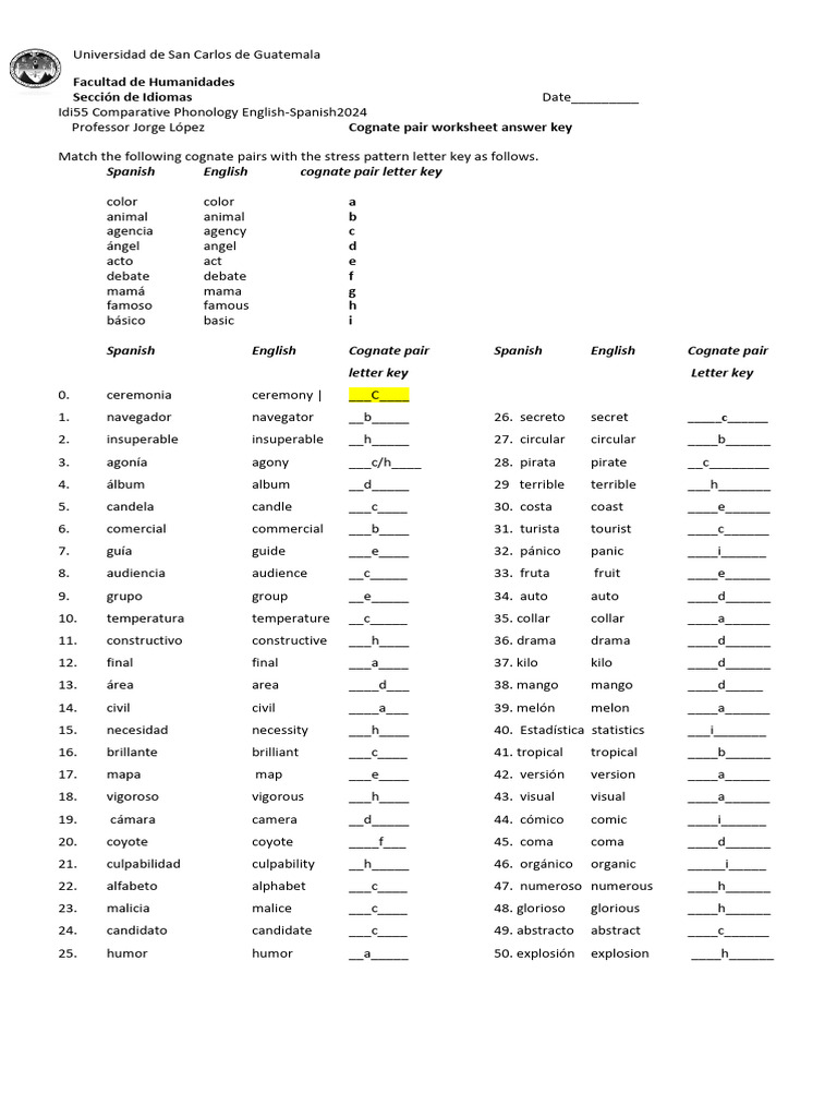 Cognates Worksheet-Answer-Key2024 | PDF