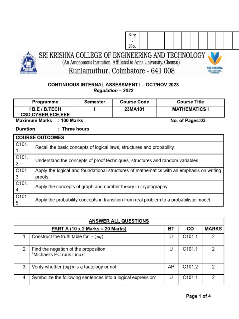 23ma101-Mathematics I - Cia 1 - QP 1 - Csd-Cyber-Ece - Eee | PDF