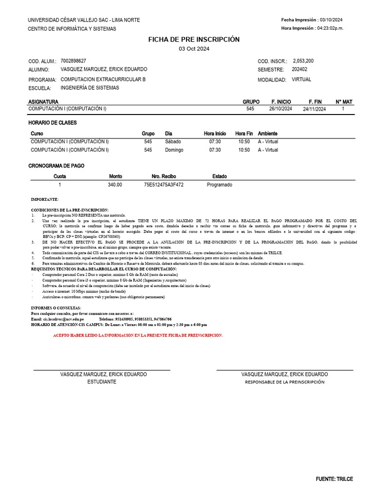 Fichapreinscripcionweb Vasquez Marquez Erick Eduardo 3102024 | PDF