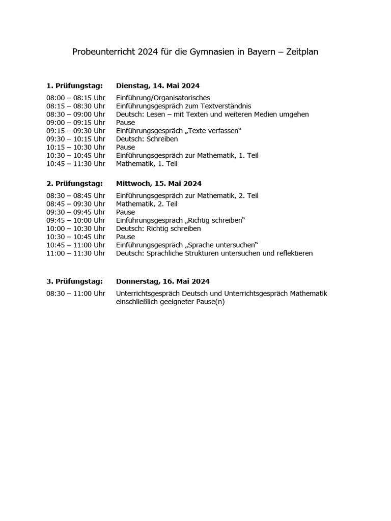 Zeitplan Probeunterricht Gym 2024 | PDF