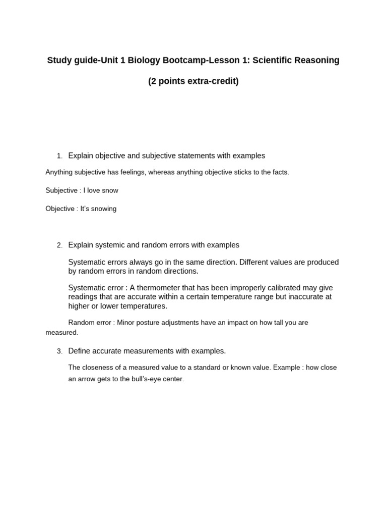 Study Guide-Unit 1 Biology Bootcamp-Lesson 1: Scientific Reasoning | PDF | Observational Error ...