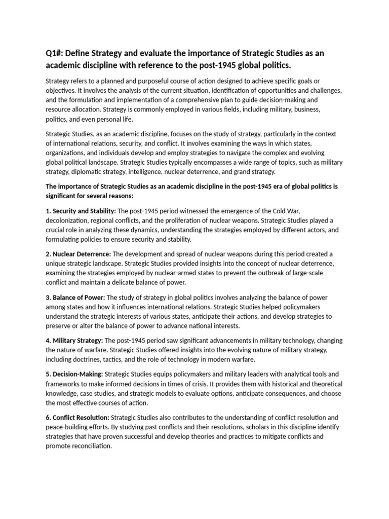 Q1#: Define Strategy and Evaluate The Importance of Strategic Studies ...