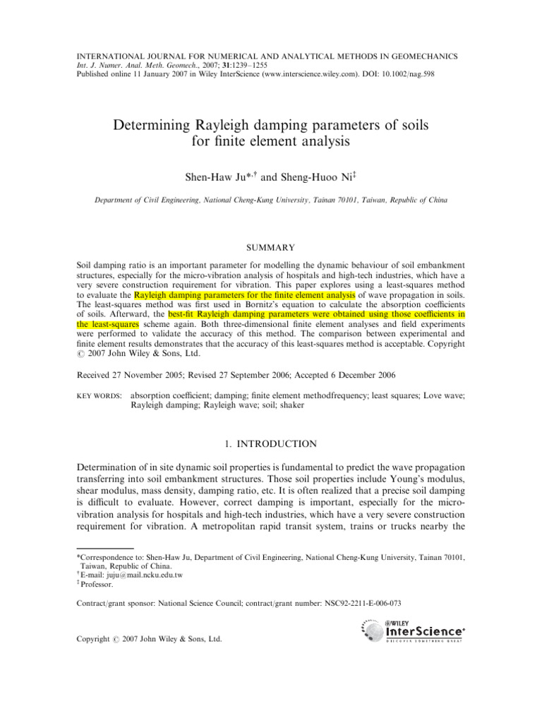 Determining Rayleigh damping parameters of soils for finite element analysis | PDF