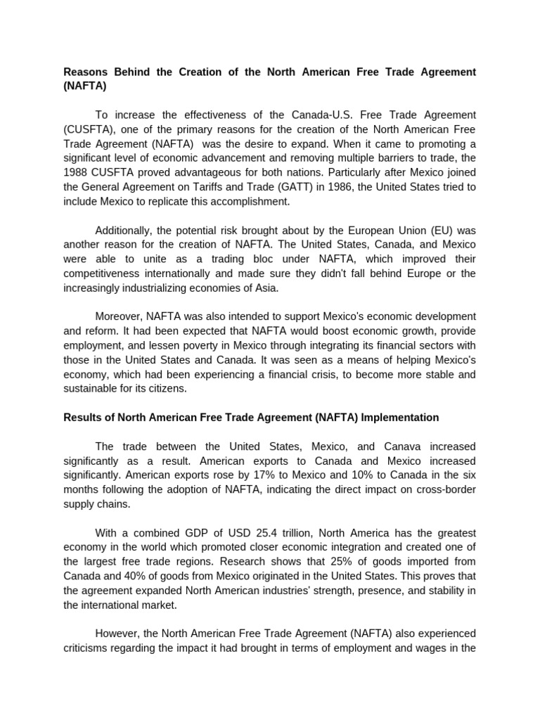 Reasons Behind The Creation of The North American Free Trade Agreement ...