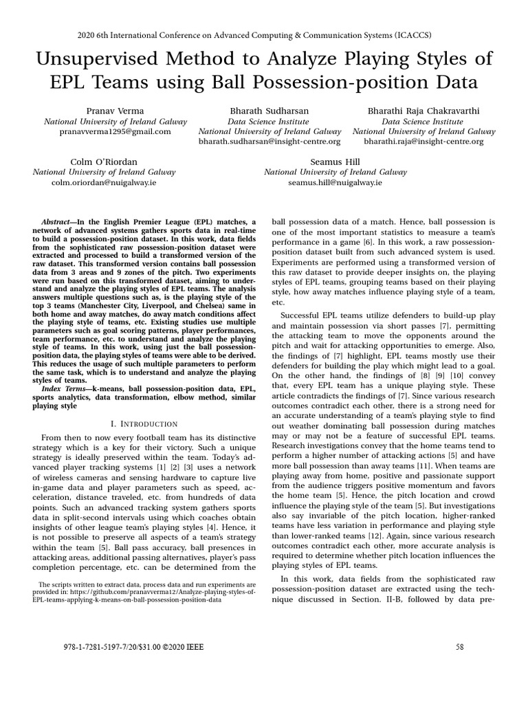Unsupervised Method To Analyze Playing Styles of EPL Teams Using Ball Possession-Position Data | PDF