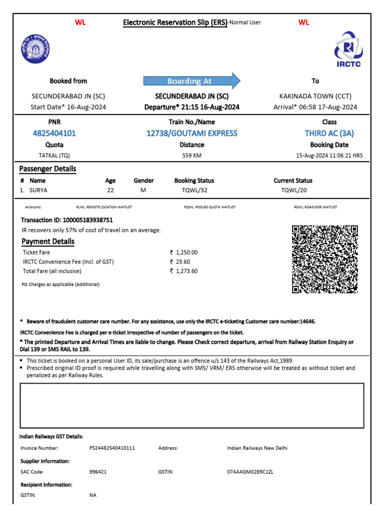 12738/goutami Express Third Ac (3A) : WL WL | PDF