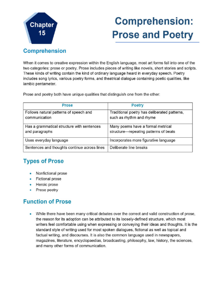 Chapter 15 - Comprehension - Prose & Poetry | PDF