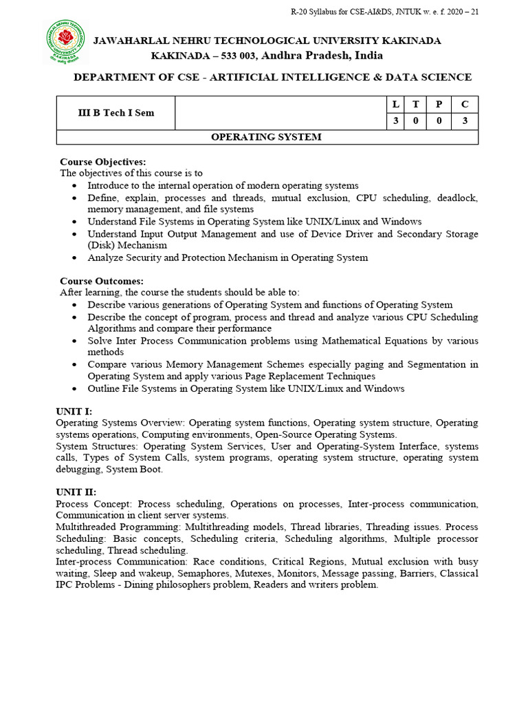 Operating Systems - Syllabus R20 JNTUK | PDF