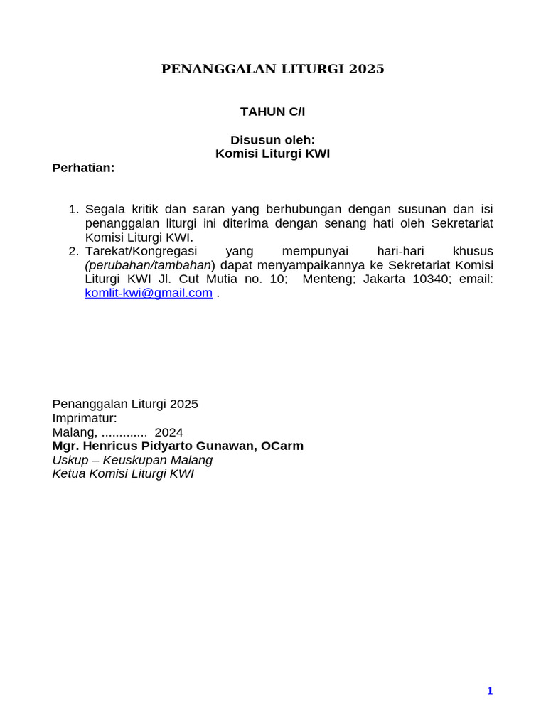 Penanggalan Liturgi 2025-C-I - Umum | PDF