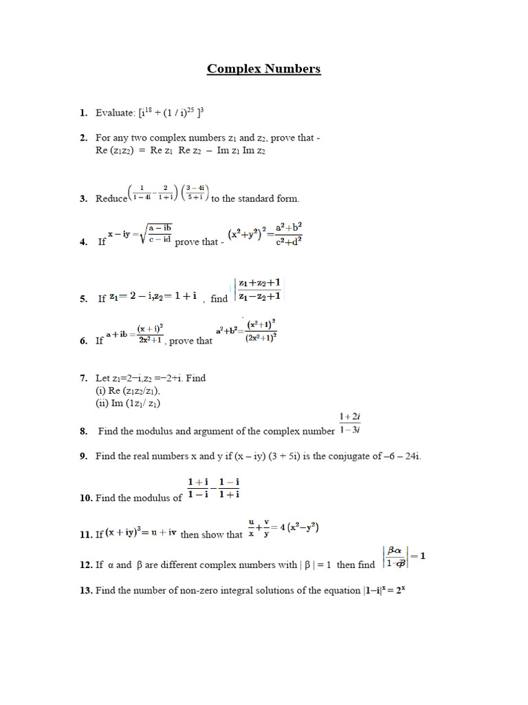 Class XI Maths Assignment - Updated | PDF | Complex Number | Algebra