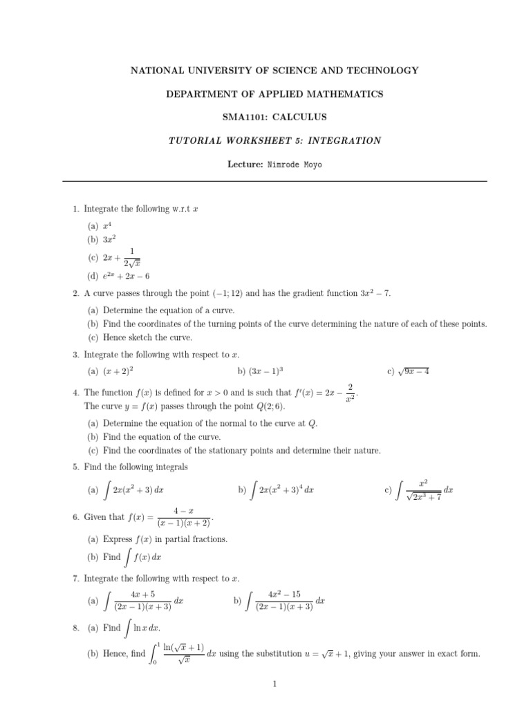 SMA1101 Integration Worksheet | PDF