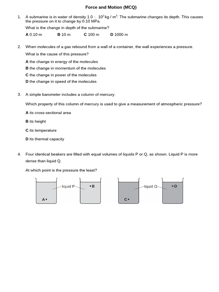 Force And Pressure (MCQ) | PDF