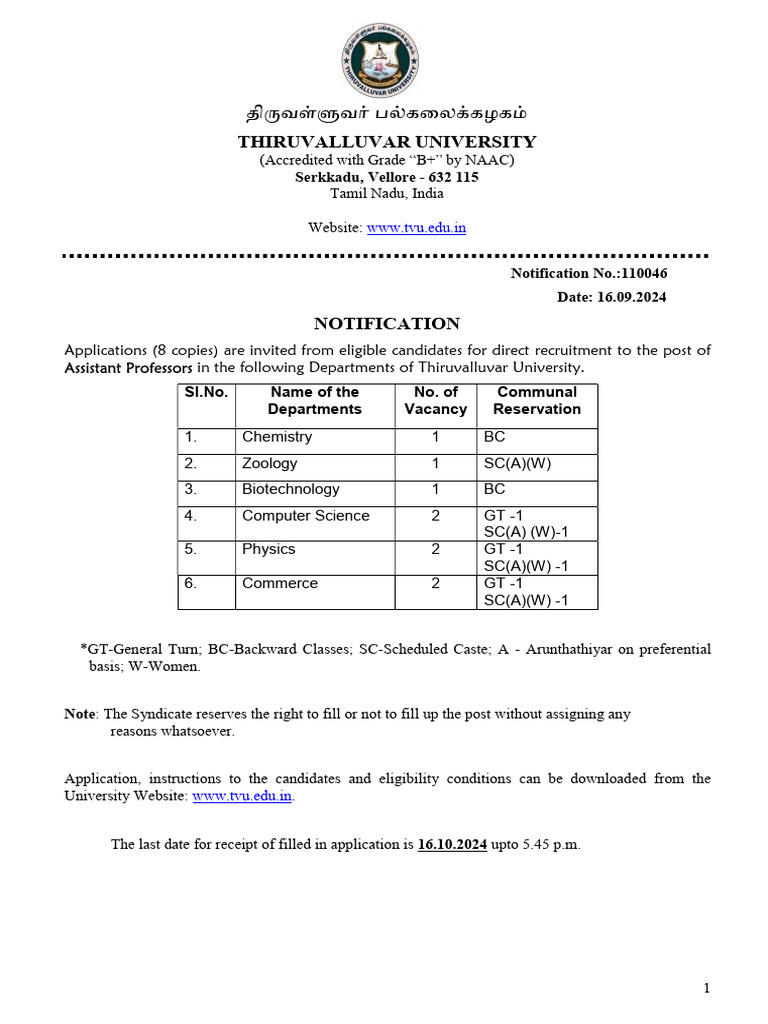 Notification For The Post of Assistant Professor in The University ...