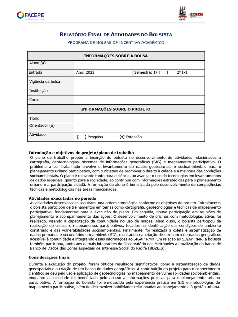 02 Modelo Relatorio Final de Atividades Do Bolsista - Modelo UFPE Assinado | PDF