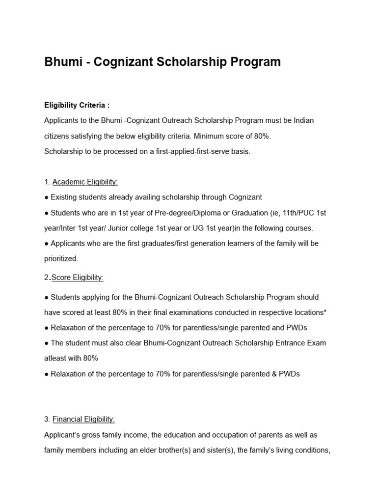 Bhumi - Cognizant Scholarship Program: Eligibility Criteria | PDF