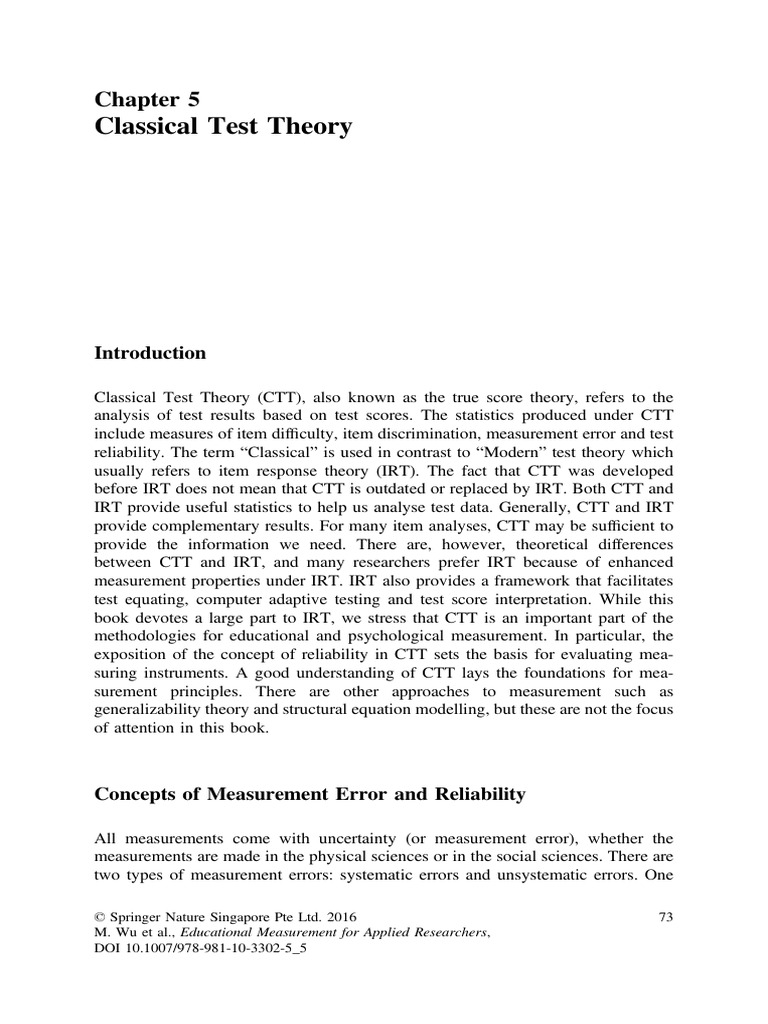 Classical Test Theory: Springer Nature Singapore Pte Ltd. 2016 M. Wu Et ...