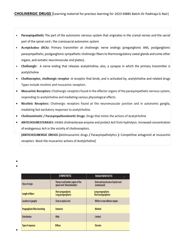 Cholinergic Drugs Overview for MBBS 2023 | PDF | Acetylcholine ...
