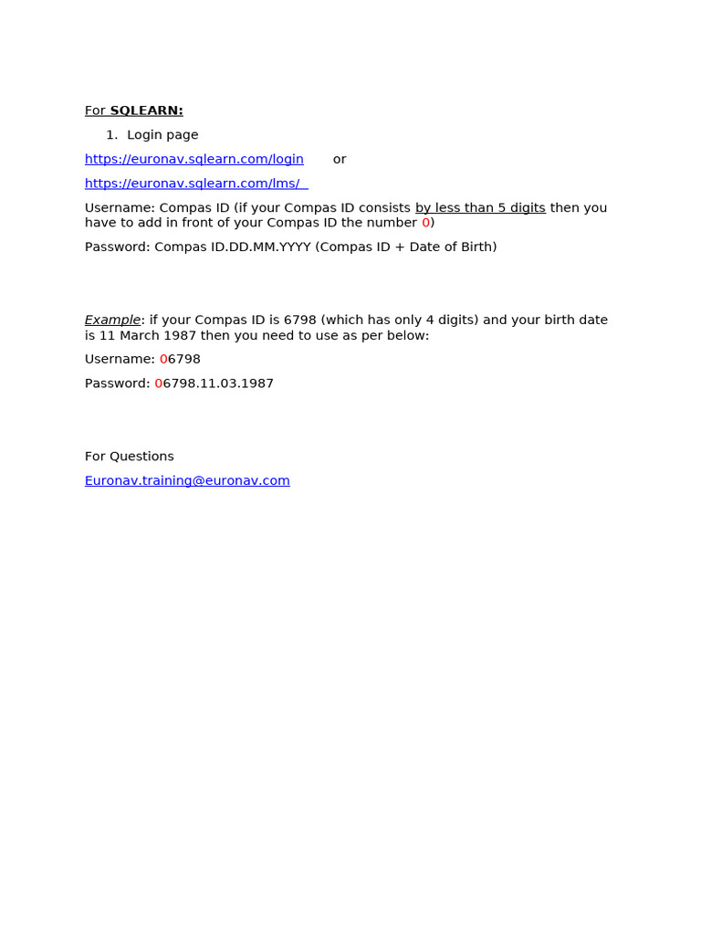 SQL Learn Instructions For Log in | PDF