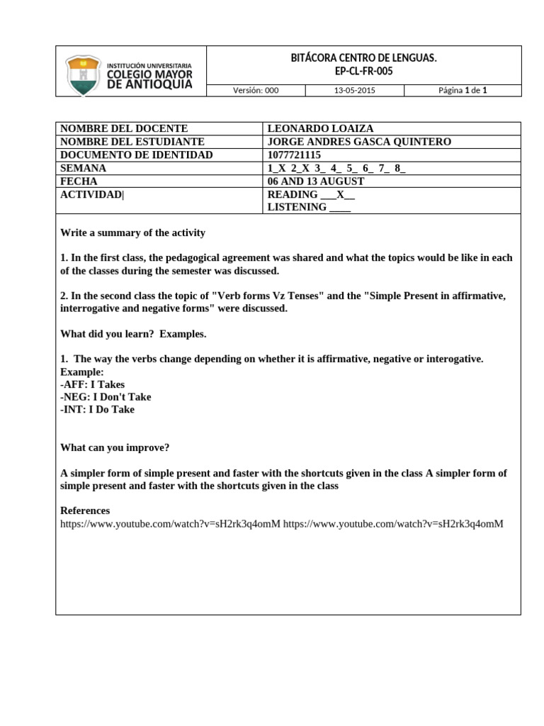 Bitacora de Ingles Semana 1 y 2 | PDF