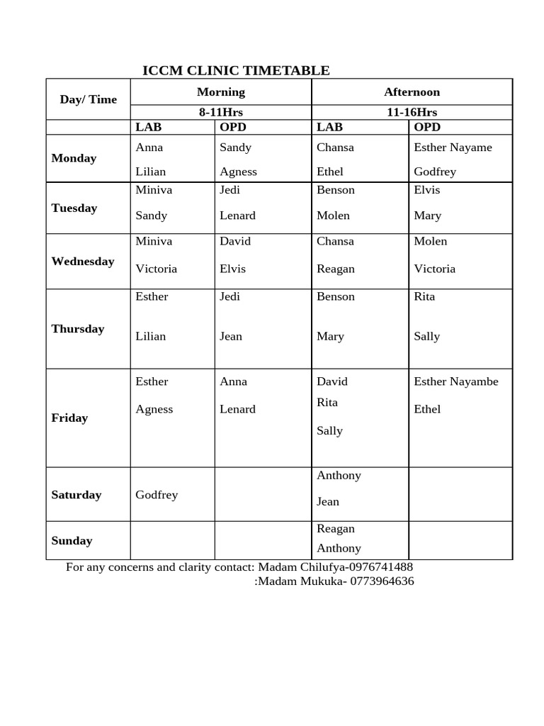 Iccm Clinic Timetable | PDF
