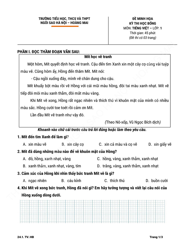 HB 2425 Tieng Viet 1 de Minh Hoa Va HDC | PDF