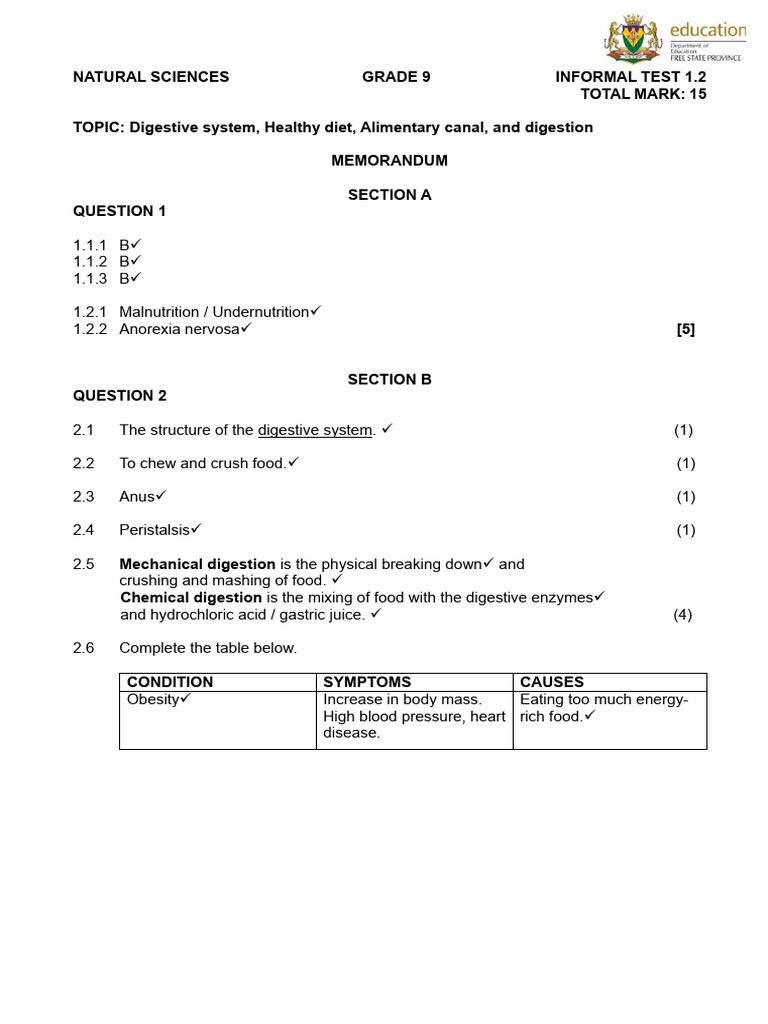 Ns Gr9 Informal Test 1.2 Memorandum | PDF
