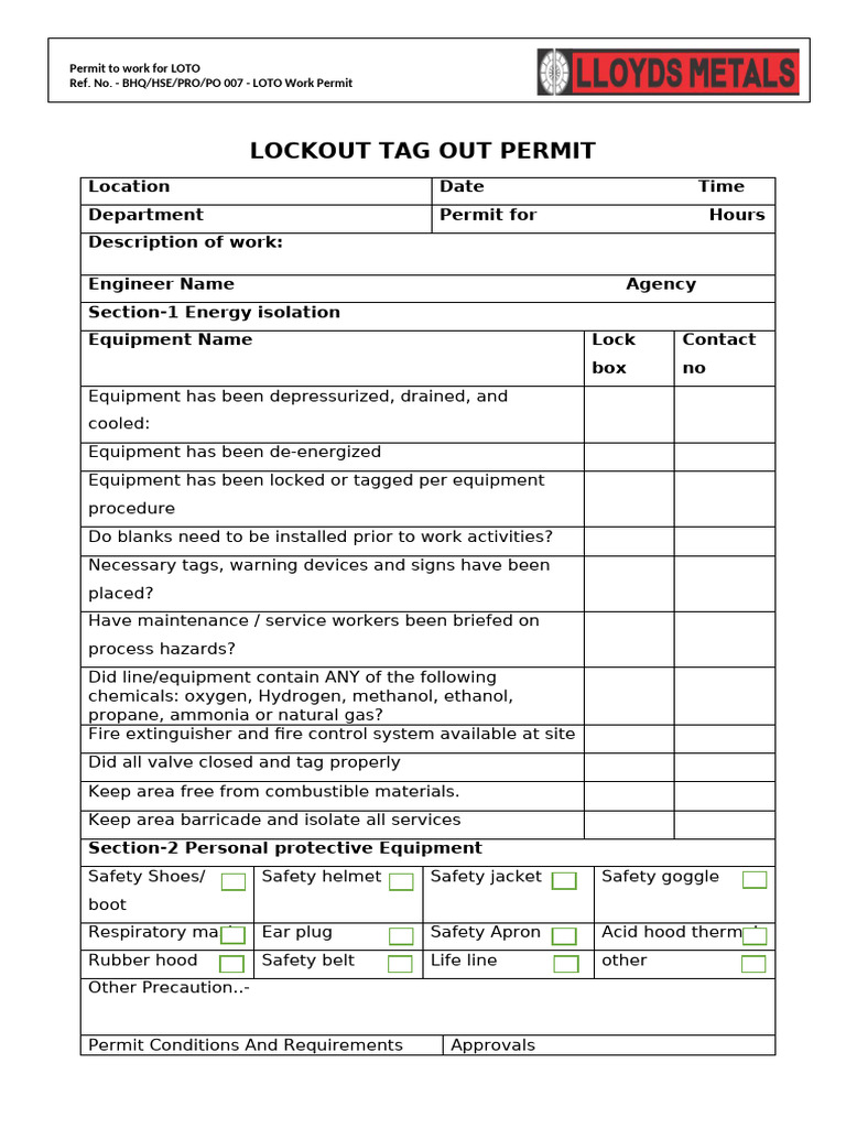 LOTO Work Permit Template | PDF