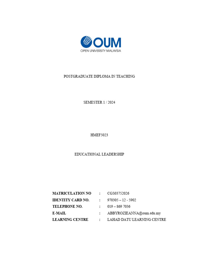 Postgraduate Diploma in Teaching: Matriculation No: Identity Card No ...