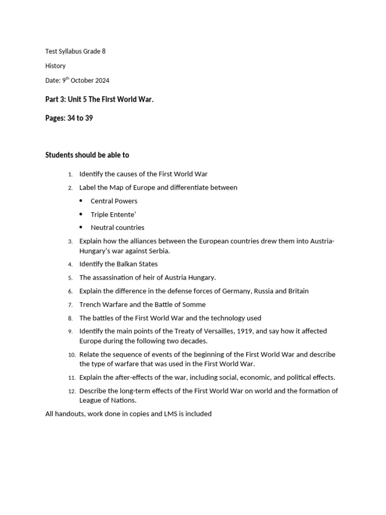 Test Syllabus Grade 8 ww1 | PDF
