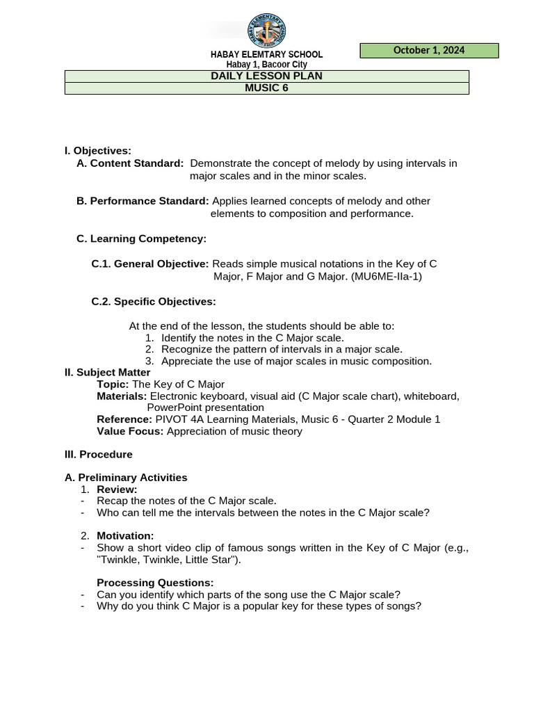 Music 6 Lesson 1 Q2 Day 2 | PDF | Scale (Music) | Art