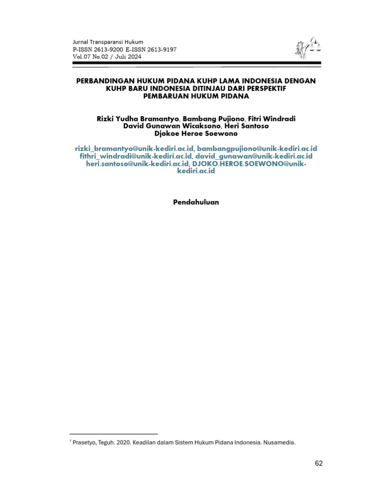 Jurnal Transparansi Hukum: P-ISSN 2613-9200 E-ISSN 2613-9197 Vol.07 No.02 / Juli 2024 | PDF