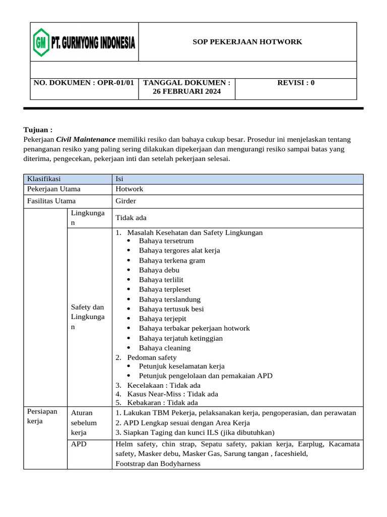 Sop Pekerjaan Hotwork | PDF