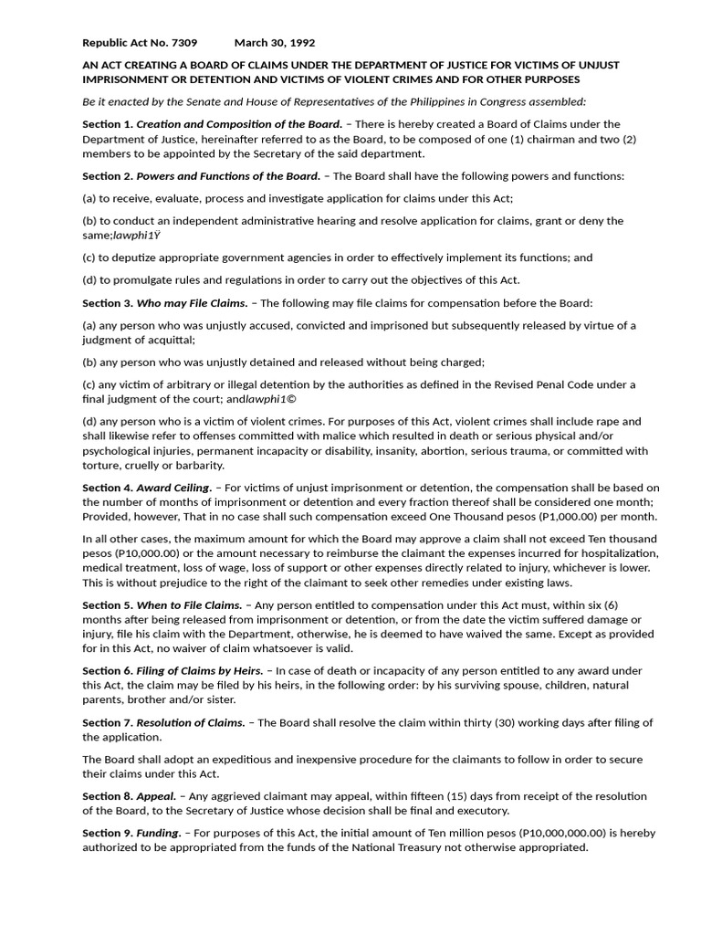 Republic Act No 7309 | PDF