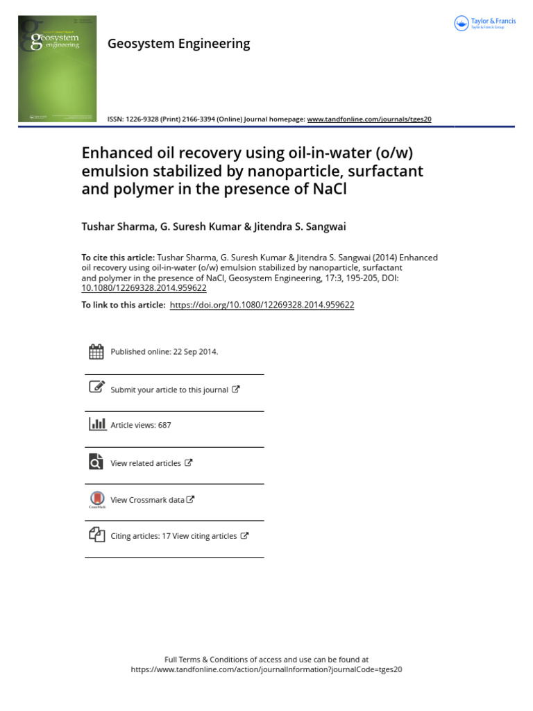 Enhanced Oil Recovery Using Oil-In-water o W Emulsion Stabilized by Nanoparticle Surfactant and ...