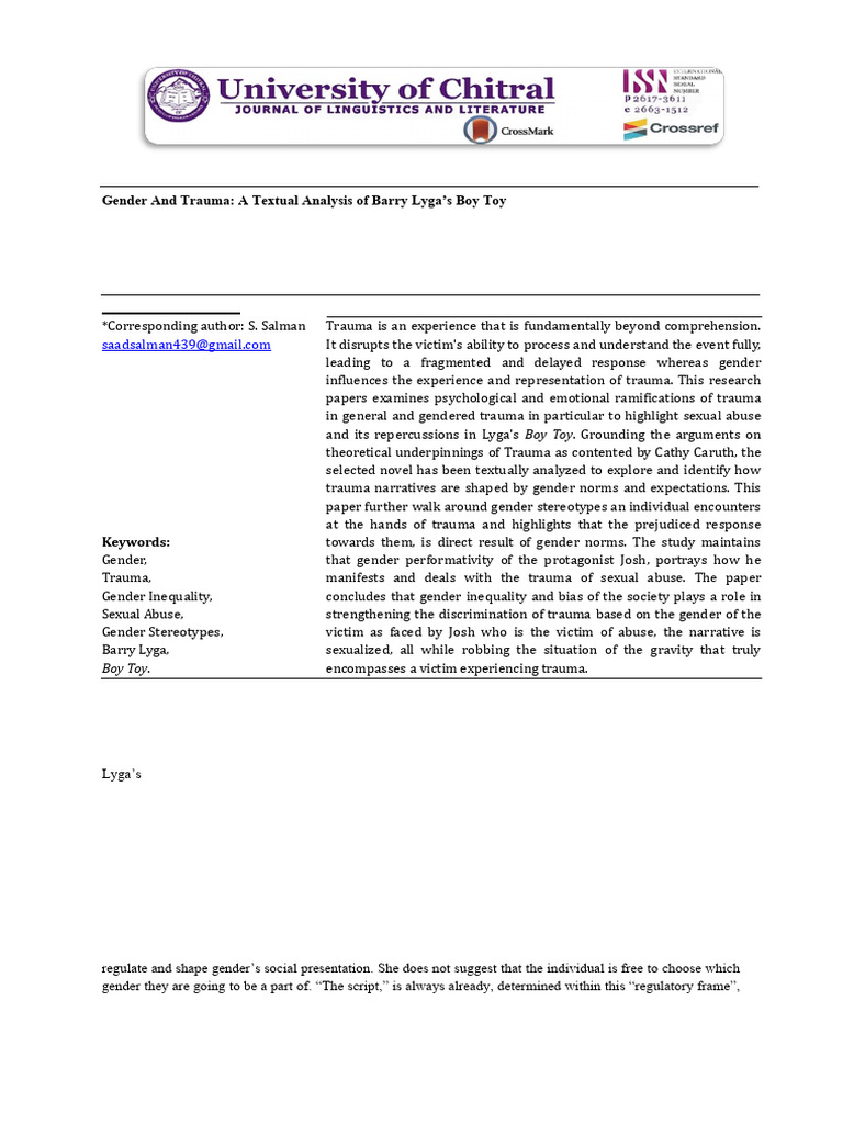 Gender And Trauma: A Textual Analysis of Barry Lyga’s Boy Toy | PDF