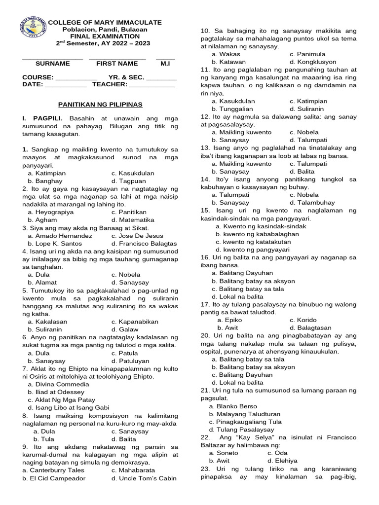 Final Exam: Panitikan ng Pilipinas | PDF | Philippines