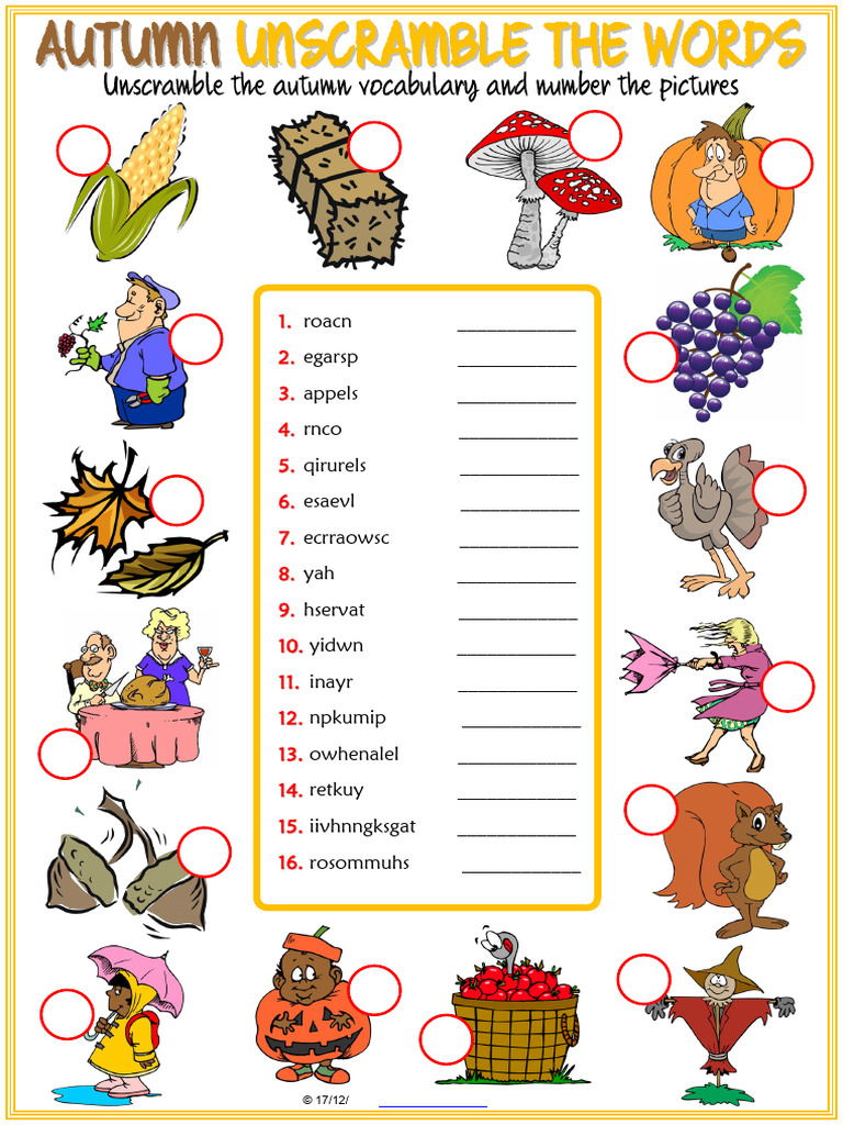 Autumn Vocabulary Esl Unscramble The Words Worksheet For Kids | PDF