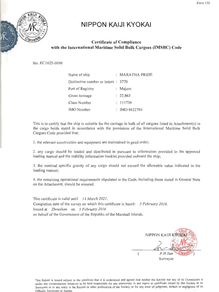 Certificate of Compliance IMSBC | PDF