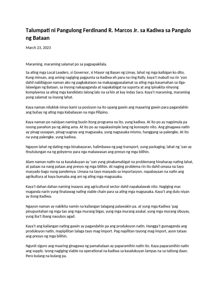 Talumpati Ni Pangulong Ferdinand R | PDF