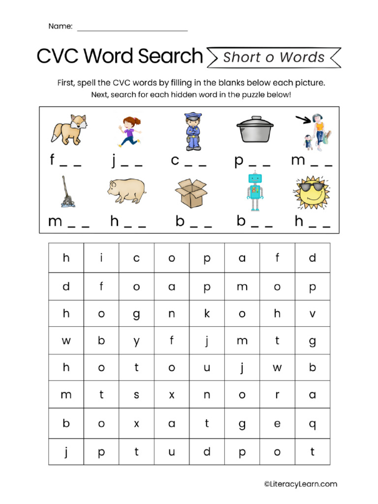 CVC-Short-O-Word-Search-LiteracyLearn.com | PDF