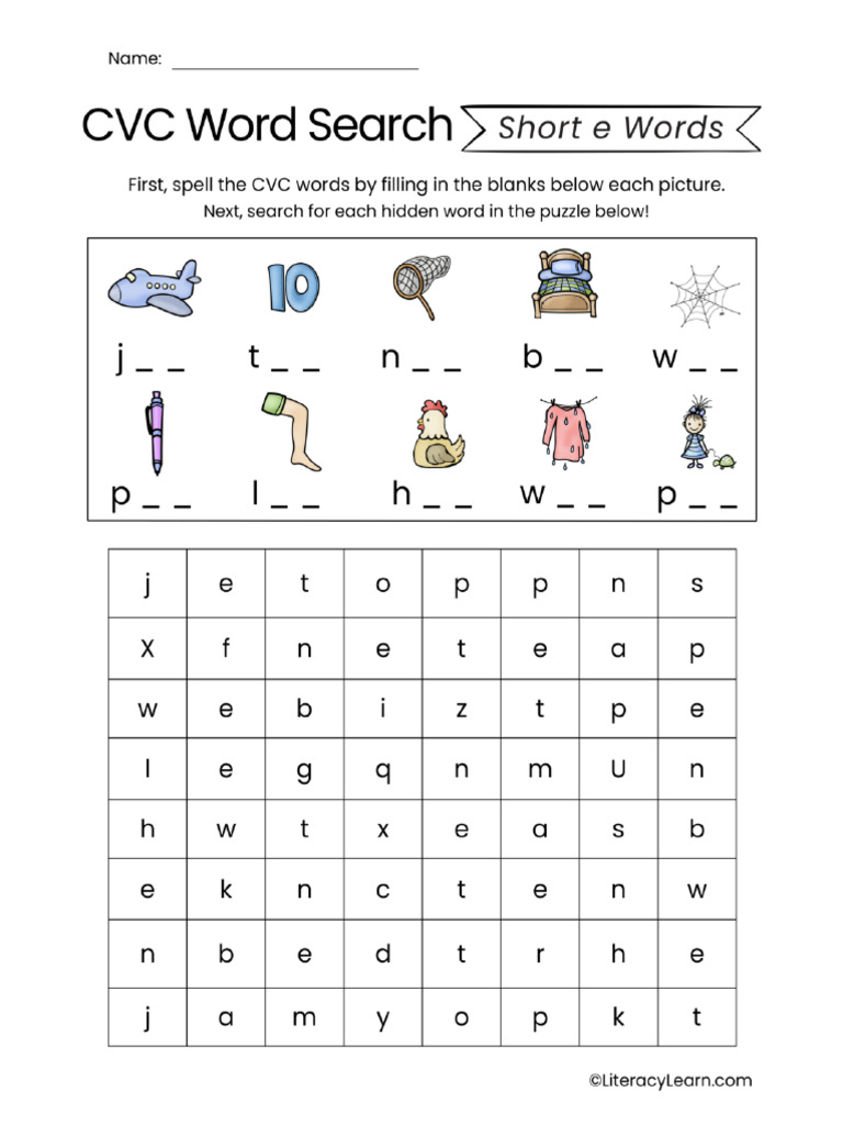 CVC-Short-E-Word-Search-LiteracyLearn.com | PDF