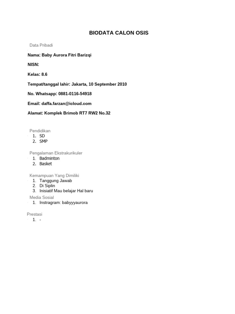 Biodata Calon Osis | PDF